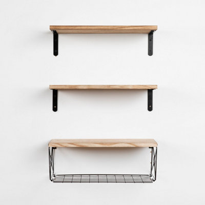 Floating Shelf Wall Mounted 3 Wood Shelves With Metal Basket