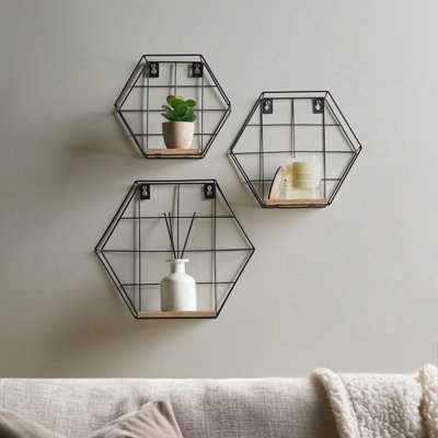 Floating Shelves Set of 3 Hexagon Shelving Wire Wall Rustic Display ...