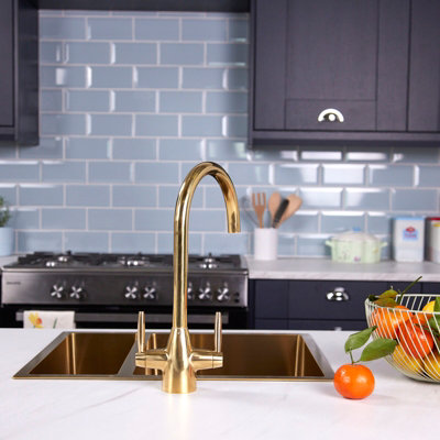 flode Drammen Dual Lever Kitchen Mixer Tap Polished Brass Finish