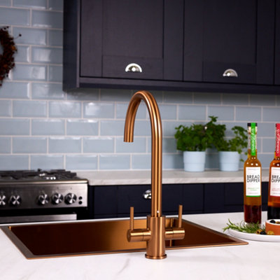flode Hammerfest - Dual Lever Kitchen Mixer Tap - Brushed Copper Finish