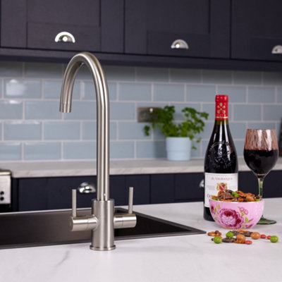 flode Hammerfest - Dual Lever Kitchen Mixer Tap - Brushed Steel Finish