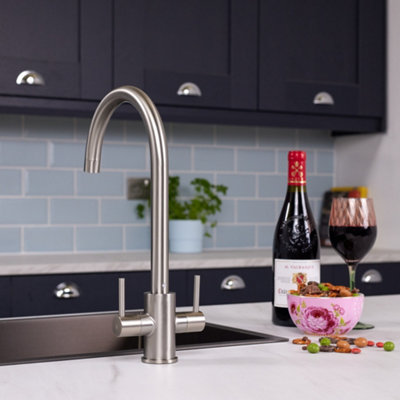 flode Hammerfest - Dual Lever Kitchen Mixer Tap - Brushed Steel Finish