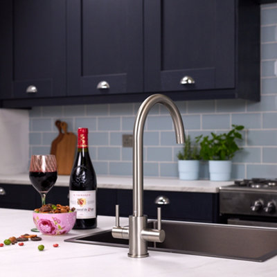 flode Hammerfest - Dual Lever Kitchen Mixer Tap - Brushed Steel Finish