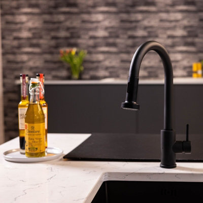 Flode Runda Kitchen Sink Mixer with Pull out Spray Matt Black Round ...