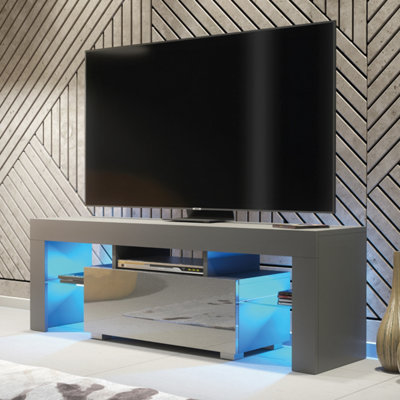 Floe TV Unit 130cm Dark Grey with High Gloss Doors and LED Lighting ...