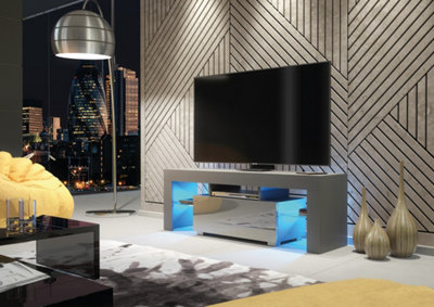Floe TV Unit 130cm Dark Grey with High Gloss Doors and LED Lighting ...