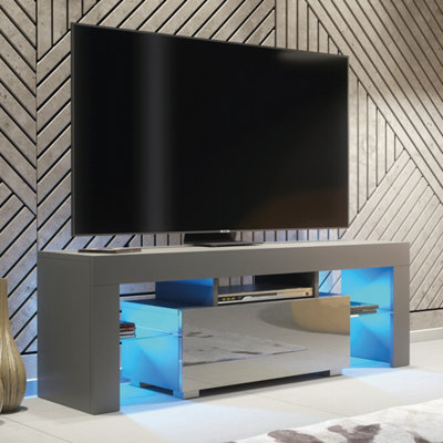 Floe TV Unit 130cm Dark Grey with High Gloss Doors and LED Lighting ...