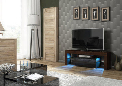 Floe TV Unit 130cm Walnut & Black with High Gloss Doors and LED ...