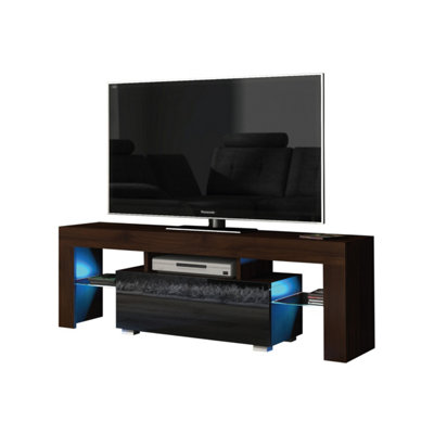 Floe TV Unit 130cm Walnut & Black with High Gloss Doors and LED ...