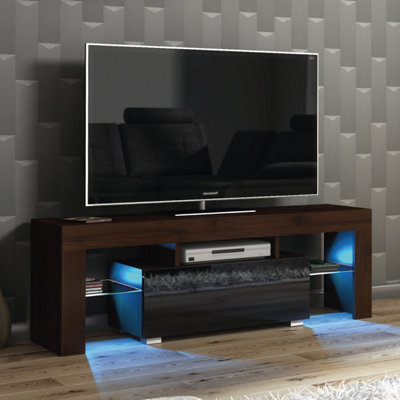 Floe TV Unit 130cm Walnut & Black with High Gloss Doors and LED ...