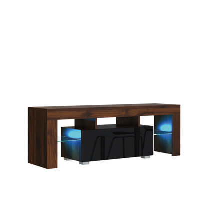 Floe TV Unit 130cm Walnut & Black with High Gloss Doors and LED ...