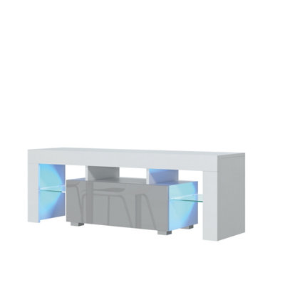 Floe TV Unit 130cm White & Grey with High Gloss Doors and LED Lighting ...