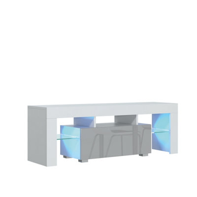Floe TV Unit 130cm White & Grey with High Gloss Doors and LED Lighting ...