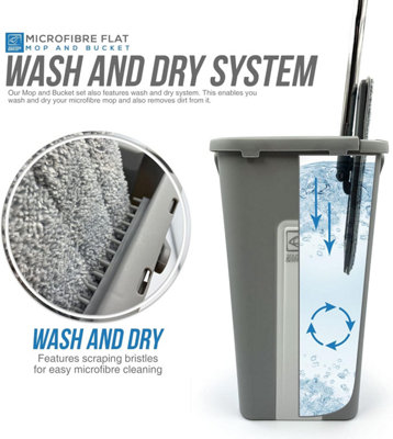 Floor Mop & Bucket Set - Flat Magic Mop with 2 Replacement Microfibre ...