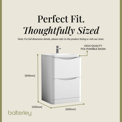 Floor Standing 2 Drawer Vanity Basin Unit with Polymarble Basin, 600mm ...