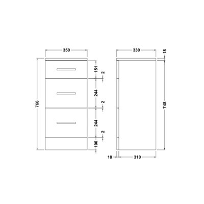 Floor Standing 3 Drawer Bathroom Unit - 350mm - Gloss White