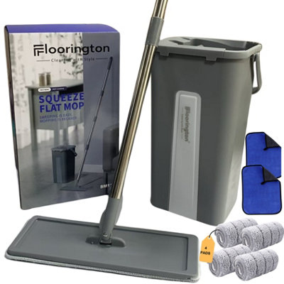 FLOORINGTON Floor Mop and Bucket Set with 4 Washable Microfiber Pads ...