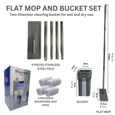 FLOORINGTON Floor Mop and Bucket Set with 4 Washable Microfiber Pads ...