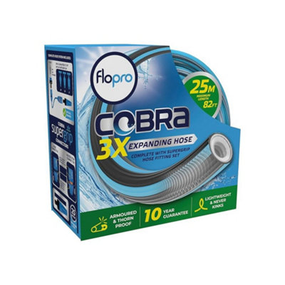 Flopro Cobra 25m Expanding Garden Hose Set Armoured Thorn Proof No Kink ...