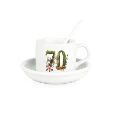 Floral Age 70 Cup & Saucer Set With Spoon - 70th Birthday/Anniversary ...