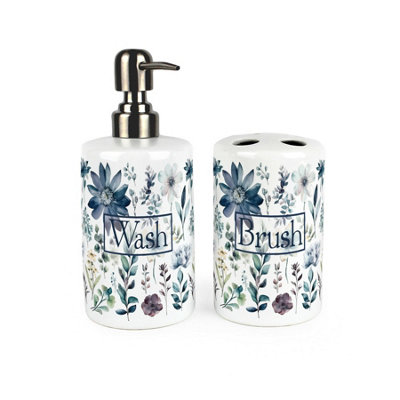 Floral Blue Bathroom Accessories Set - Pastel Blue Flowers & Foliage ...