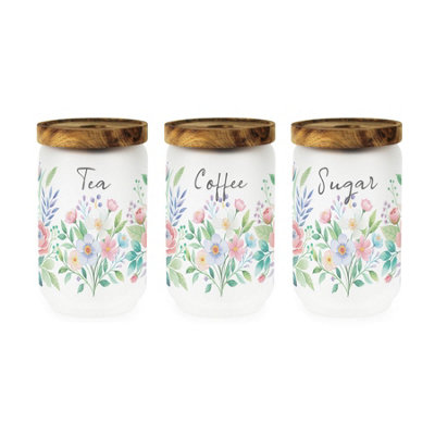 Floral Bouquet Glass Tea Coffee Sugar Storage Jar Set - Watercolour ...