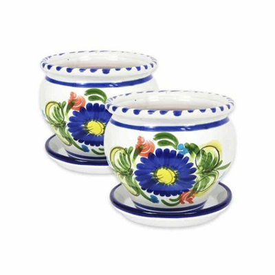 Floral Hand Painted Set of 2 Outdoor Bola Plant Pots & Drainage Plates ...
