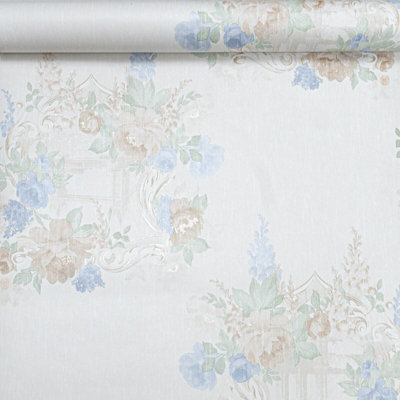 Floral Off White Wallpaper Linen Blue Green Leaves Metallic Paste The ...