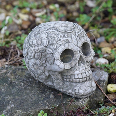 Floral Skull Stone Statue Outdoor Gothic Skeleton Garden Ornament ...