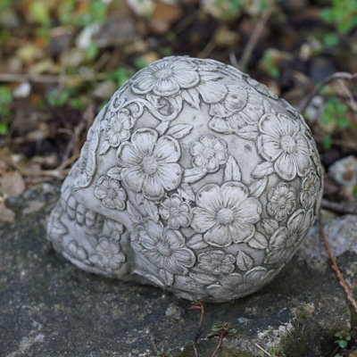 Floral Skull Stone Statue Outdoor Gothic Skeleton Garden Ornament ...