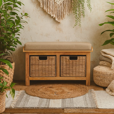 Florence Mango Wood Bench with Linen Seat and Removable Rattan Baskets