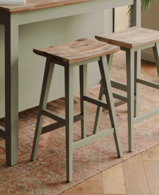 Florence Sage Green Bar Stool, H65cm, Acacia Hardwood Rectangular Seat