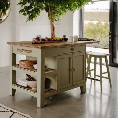 Florence Sage Green Kitchen Island with Cupboard and Shelves