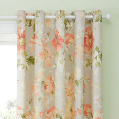 Florette Hand Painted Floral Print Light Filtering Natural Eyelet Curtains