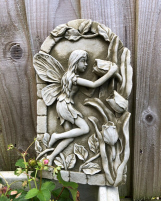 Flower Fairy Stone Hanging Plaque Outdoor Garden Ornament Cherub ...
