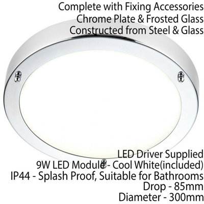Flush Bathroom Ceiling Light Chrome Glass IP44 Round LED Cool White ...