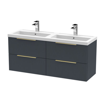 Fluted Front Wall Hung 4-Drawer Bathroom Vanity Unit with Double Basin ...