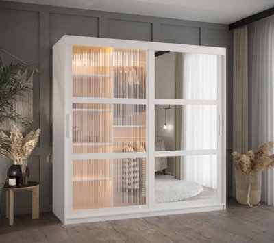 Flutes II Glass and Mirrored Sliding Door Wardrobe with LED Lighting ...