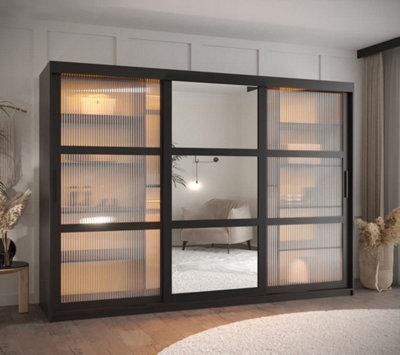 Flutes II Glass and Mirrored Sliding Door Wardrobe with LED Lighting ...