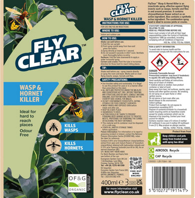 Fly Clear Wasp and Hornet Killer Spray 400ml Fast Acting Insecticide ...