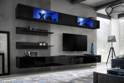 Fly I3 Black Gloss Entertainment Unit 320cm - Dramatic LED Media Stage ...