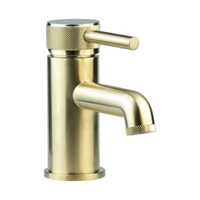 FNX Bathrooms Brushed Brass Basin Mono Mixer Tap with Knurled Peg Lever ...