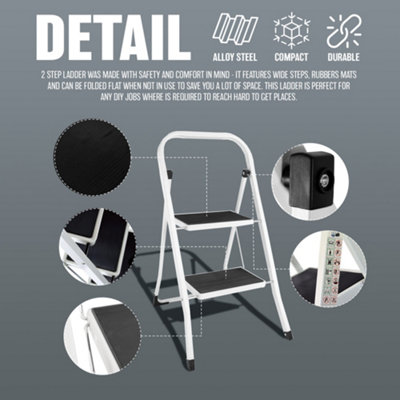 Foldable 2 Step Steel Ladder - Non Slip Tread Stepladder Safety ...
