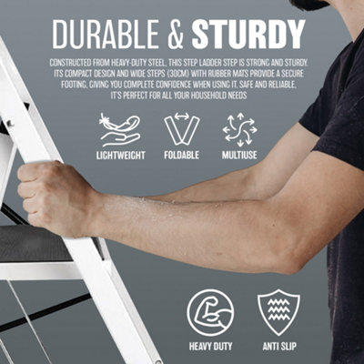 Foldable 3 Step Steel Ladder - Non Slip Tread Stepladder Safety ...