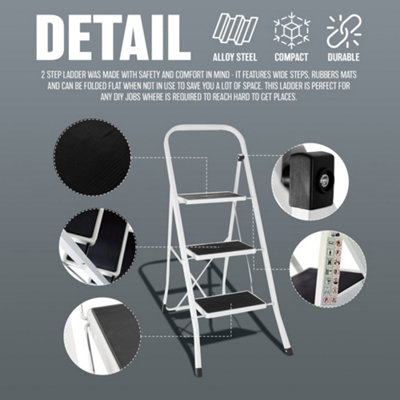 Foldable 3 Step Steel Ladder - Non Slip Tread Stepladder Safety ...