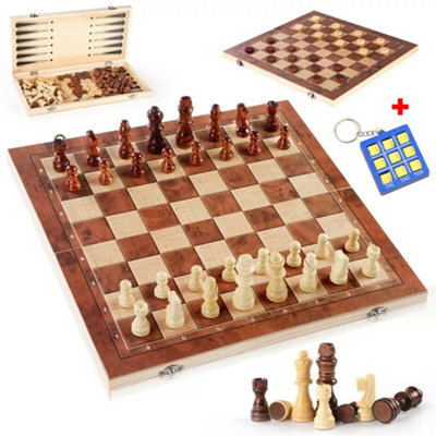 Folding 3-in-1 Wooden Board Game Set: Chess, Draughts & Backgammon (39cm)