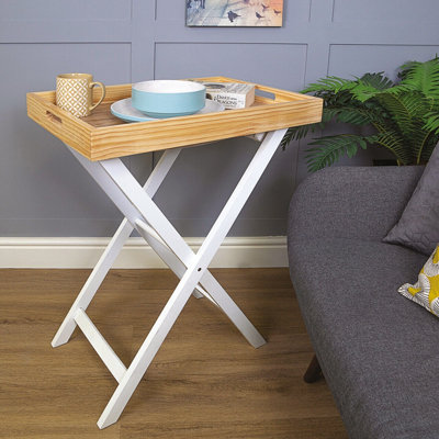 Folding Butlers Tray Stand Stylish Wooden Side Table with Detachable Top for Serving Food or