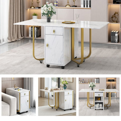 Folding Dining Table with Cupboard and 2 Drawers, Space-Saving Kitchen ...