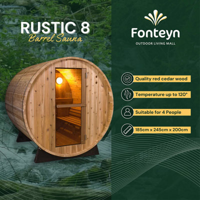 Fonteyn Barrel Sauna 8ft Outdoor Sauna with Rustic Hemlock Wood ...