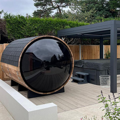 Fonteyn Panorama Barrel Sauna 2400 Outdoor Sauna with Rustic Hemlock ...
